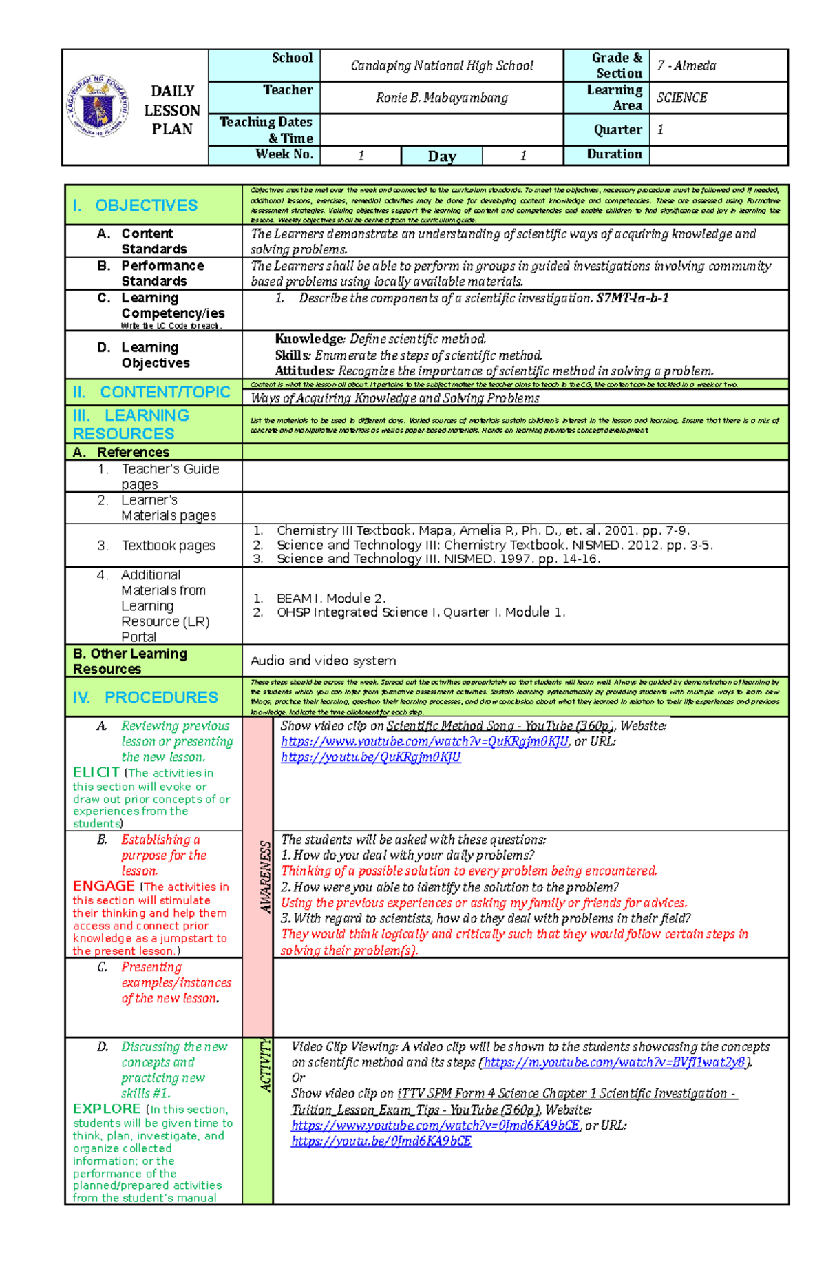 Science 7 DLP Q1W1D1 - DAILY LESSON PLAN School Candaping National High ...