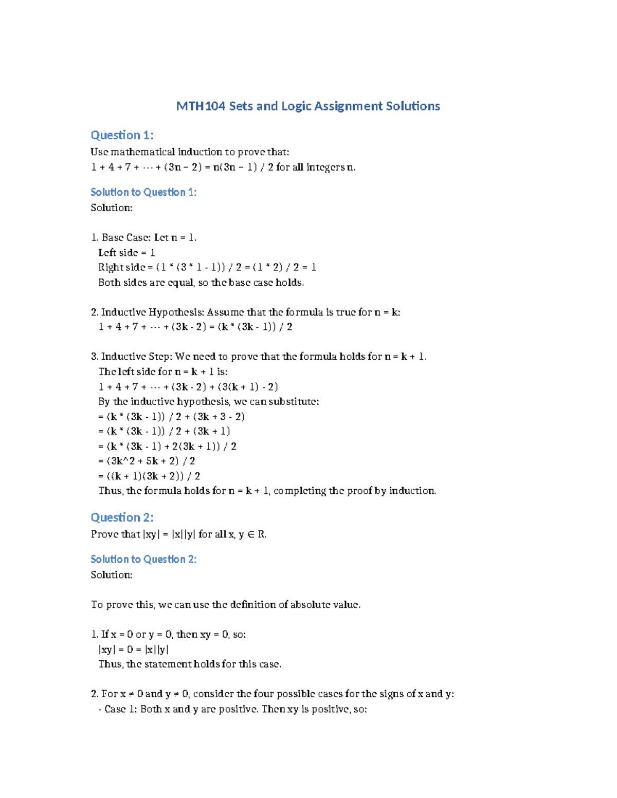 MTH104 Assignment Solutions - MTH104 Sets and Logic Assignment Solutions Question 1: Use - Studocu