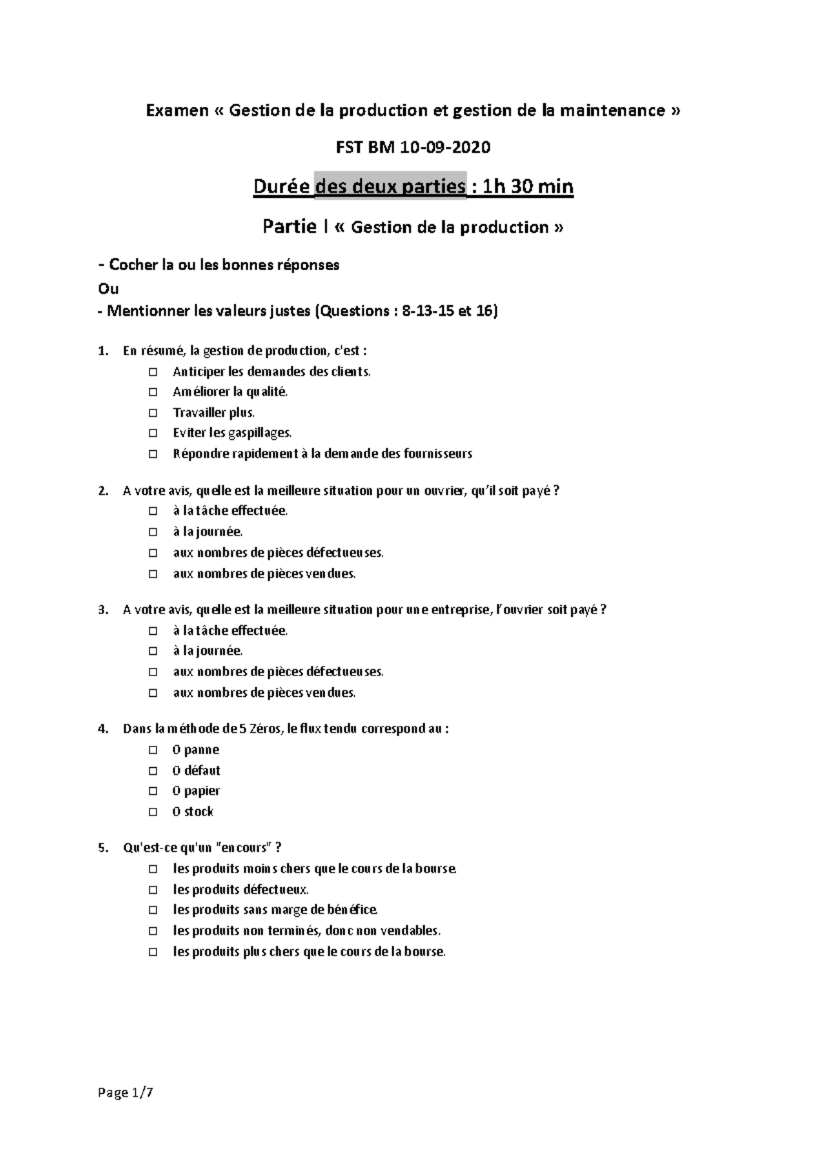 Exam Gestion de la Productionet maintenance blanc - Examen « Gestion de la production et gestion ...