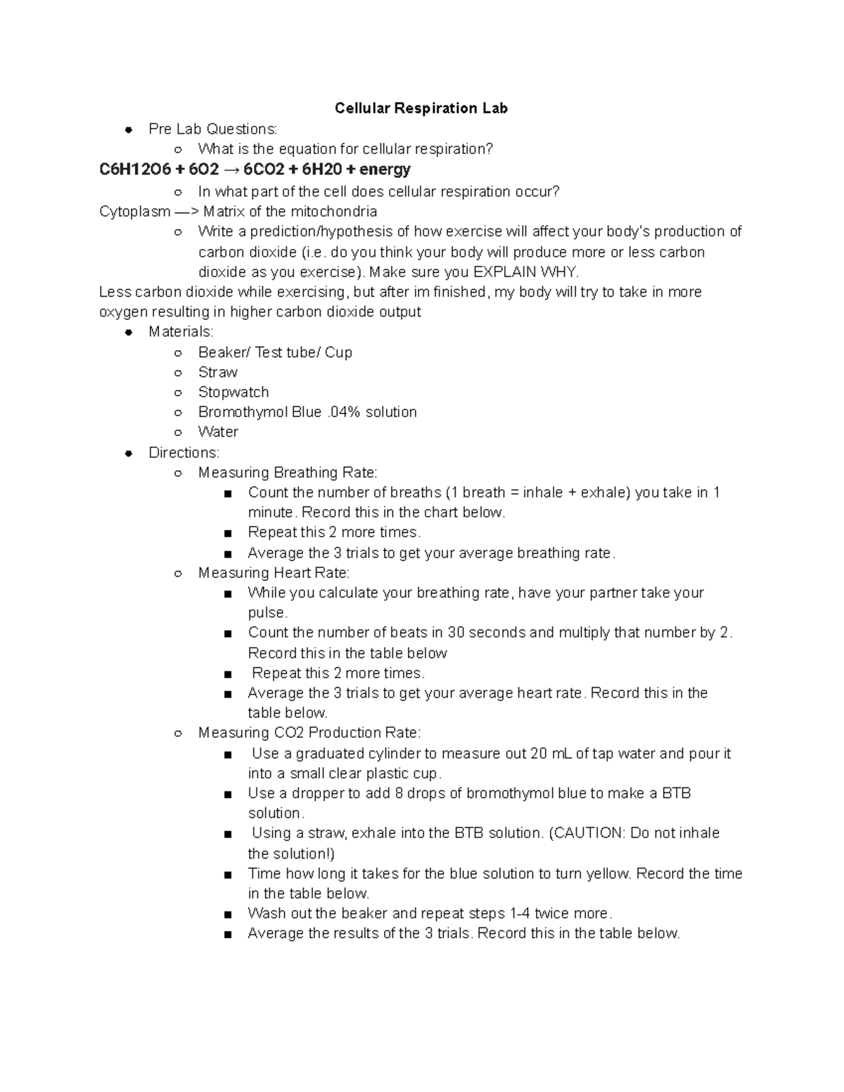 Cellular Respiration Lab - do you think your body will produce more or ...