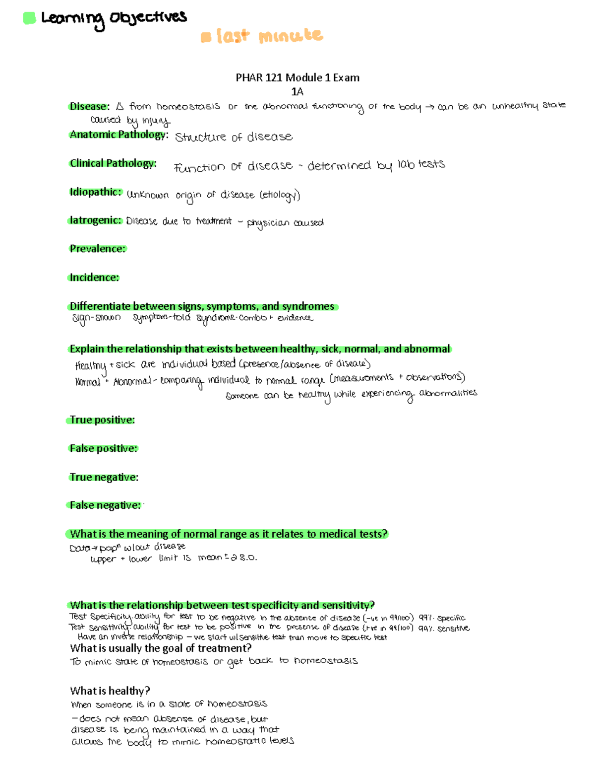 Module 1 Review - PHAR 121 Module 1 Exam 1A Disease: Anatomic Pathology ...