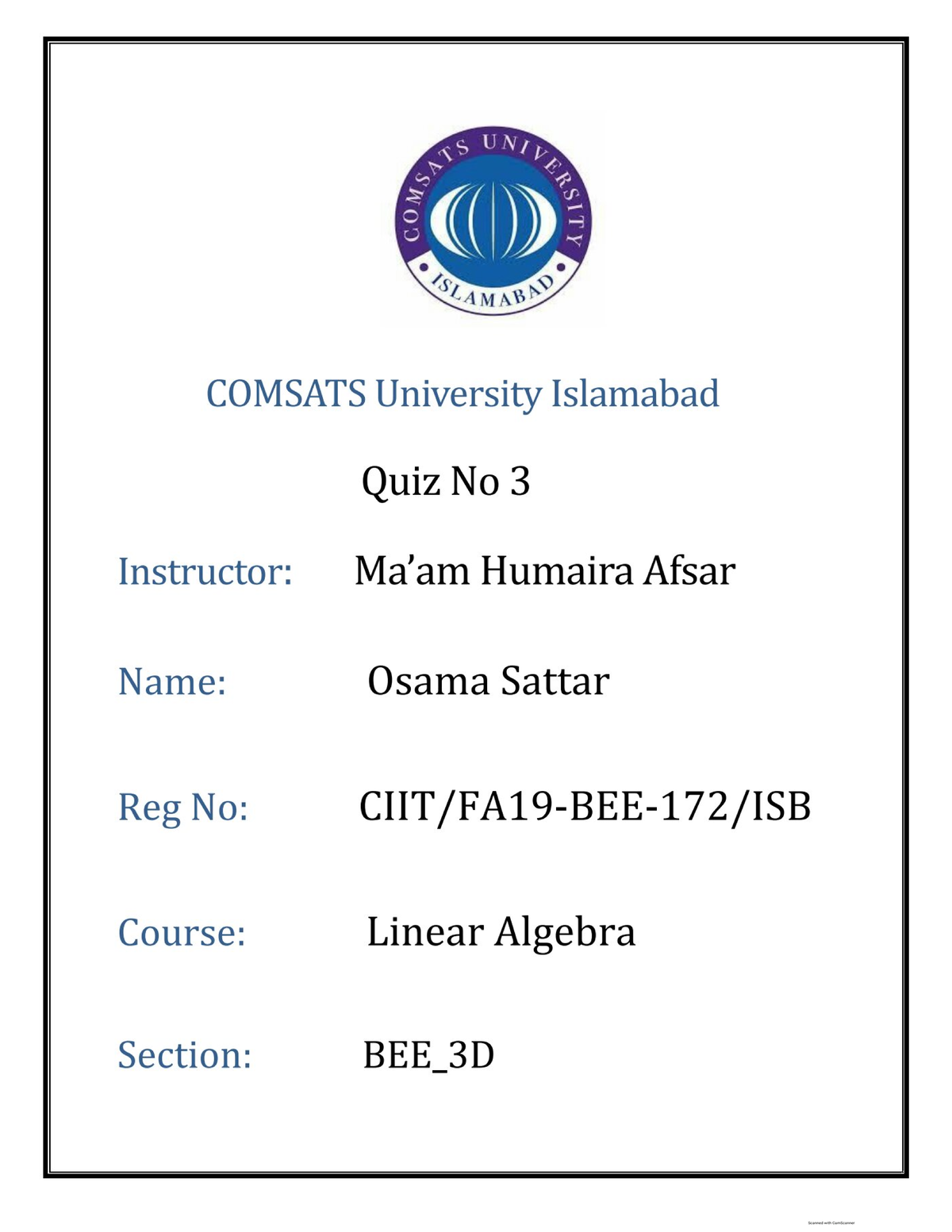 LA, Quiz 3, Osama Sattar, FA19-BEE-172 - Linear Algebra - Studocu