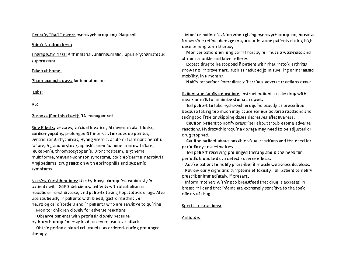 Hydroxychloroquine - Document for studying - Generic/TRADE name ...