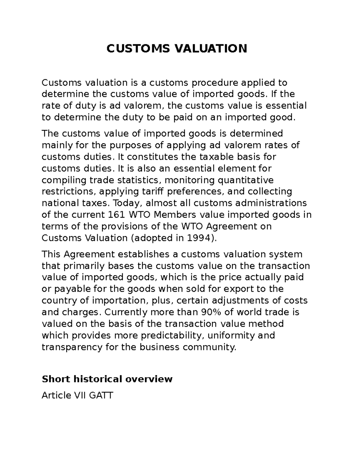 Customs Valuation - For practcie - CUSTOMS VALUATION Customs valuation ...