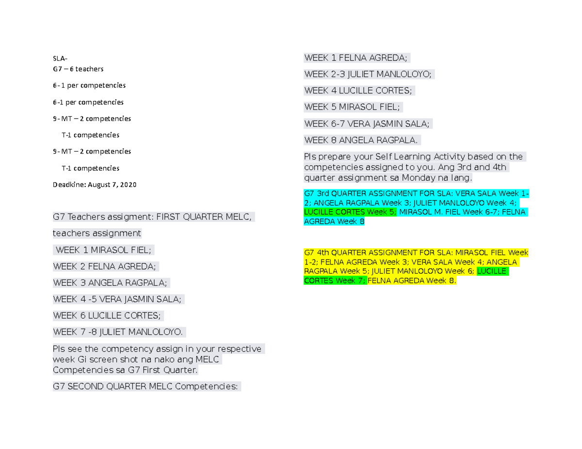 MELC-G7 - Melc - SLA- G7 – 6 teachers 6- 1 per competencies 6-1 per ...