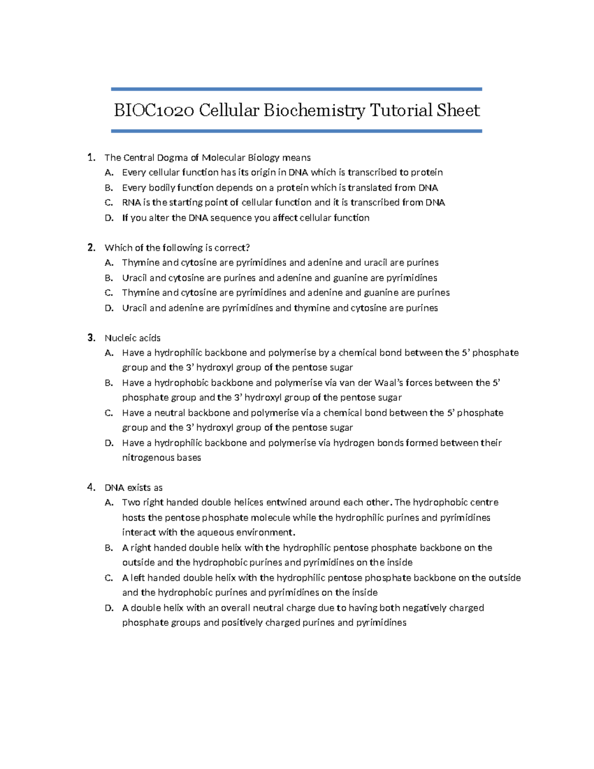 BIOC1020 Cellular Biochemistry Tutorial Sheet - Every cellular function ...
