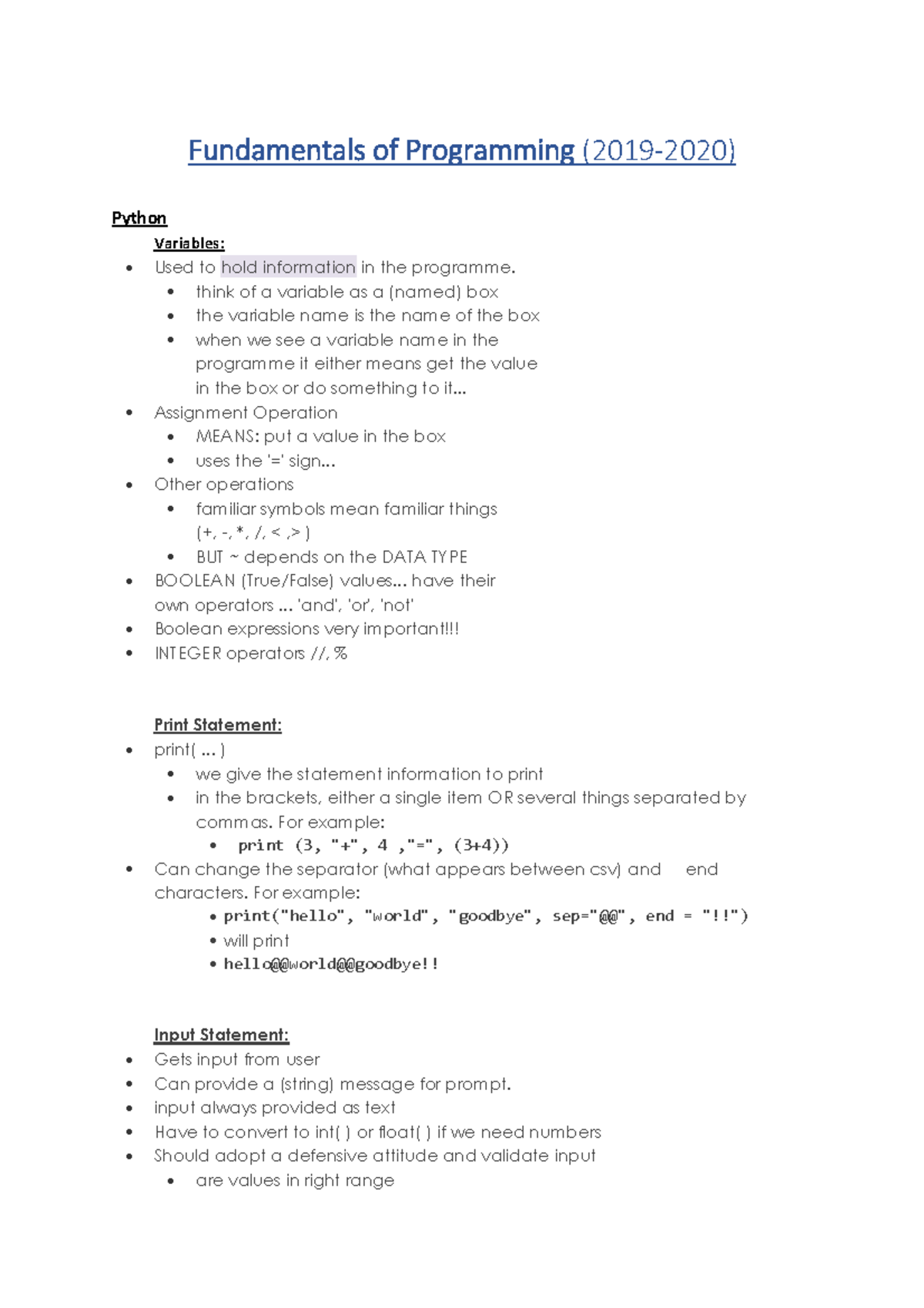 Fundamentals of Programming summary 2019 2020 - Warning: TT: undefined function: 32 Fundamentals ...