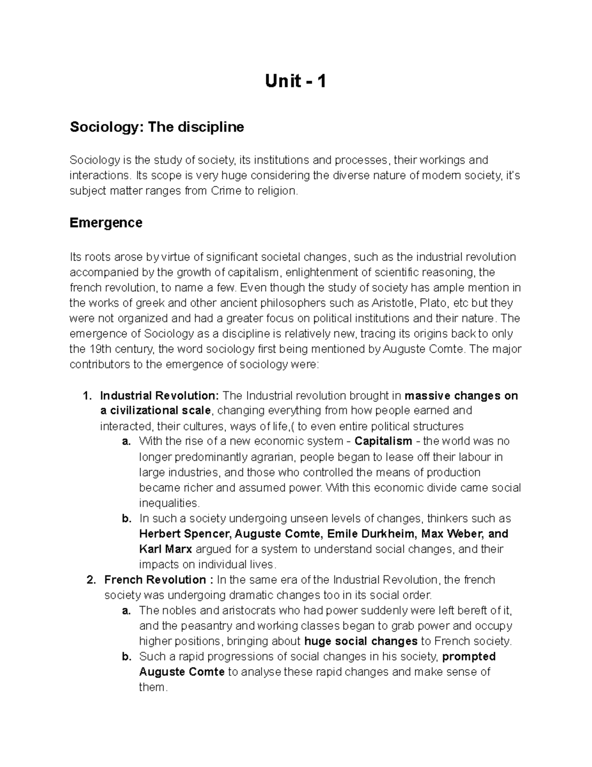 Unit 1 Sociology Notes - Unit - 1 Sociology: The discipline Sociology ...