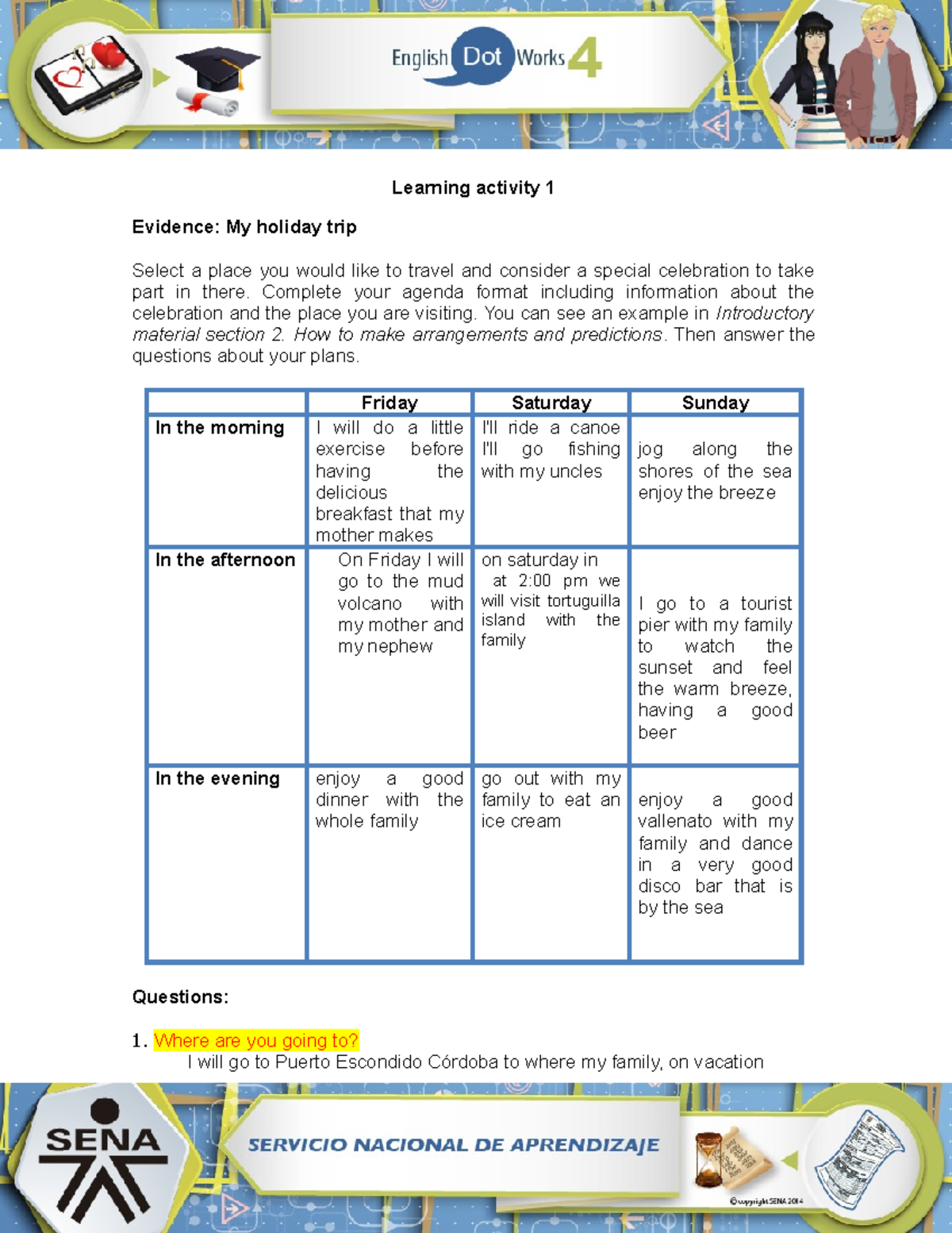 Evidence My holiday trip listo 4 para principiantes - Learning activity ...