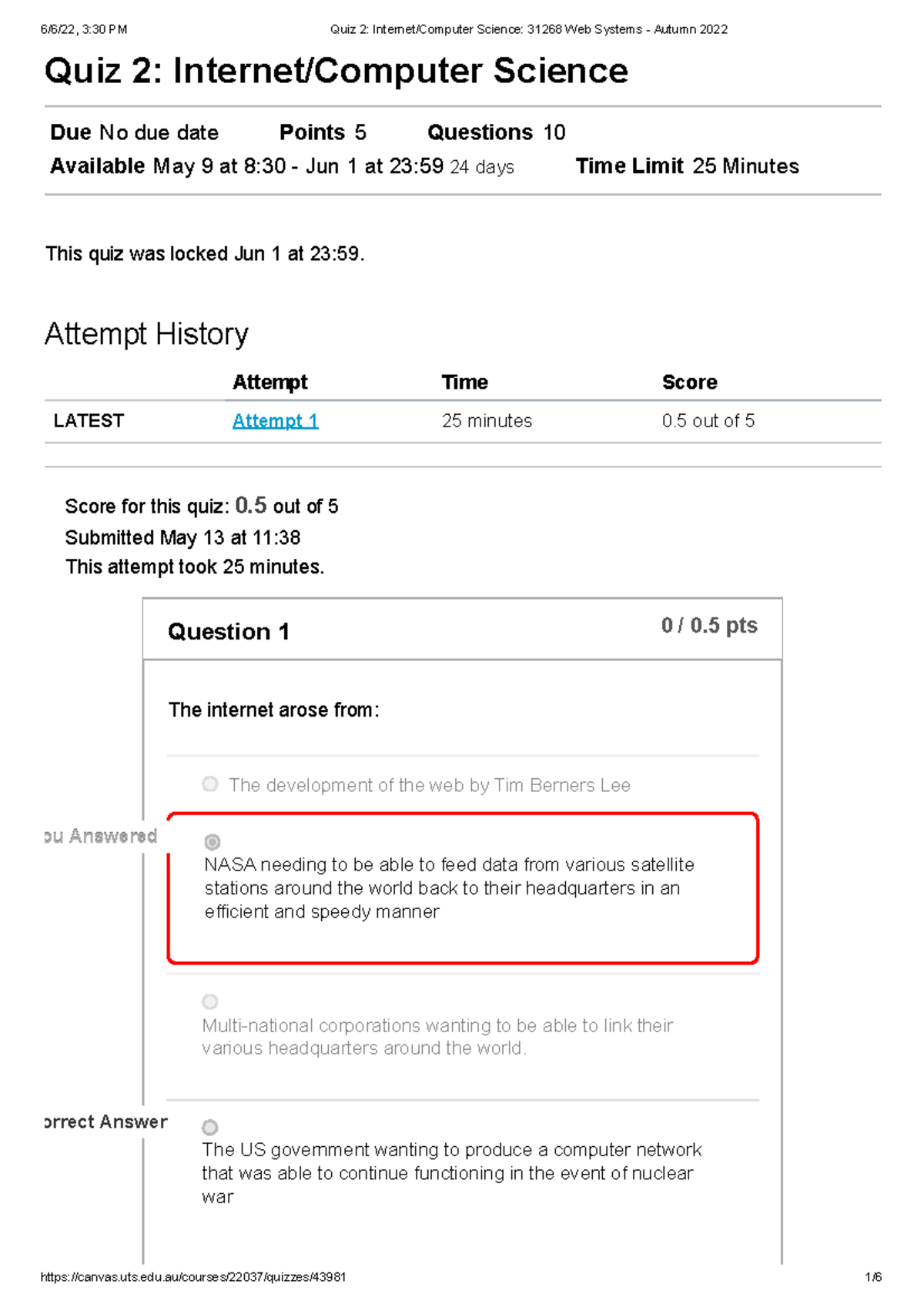 Quiz 2 Internet Computer Science 31268 Web Systems - Autumn 2022 - Quiz ...