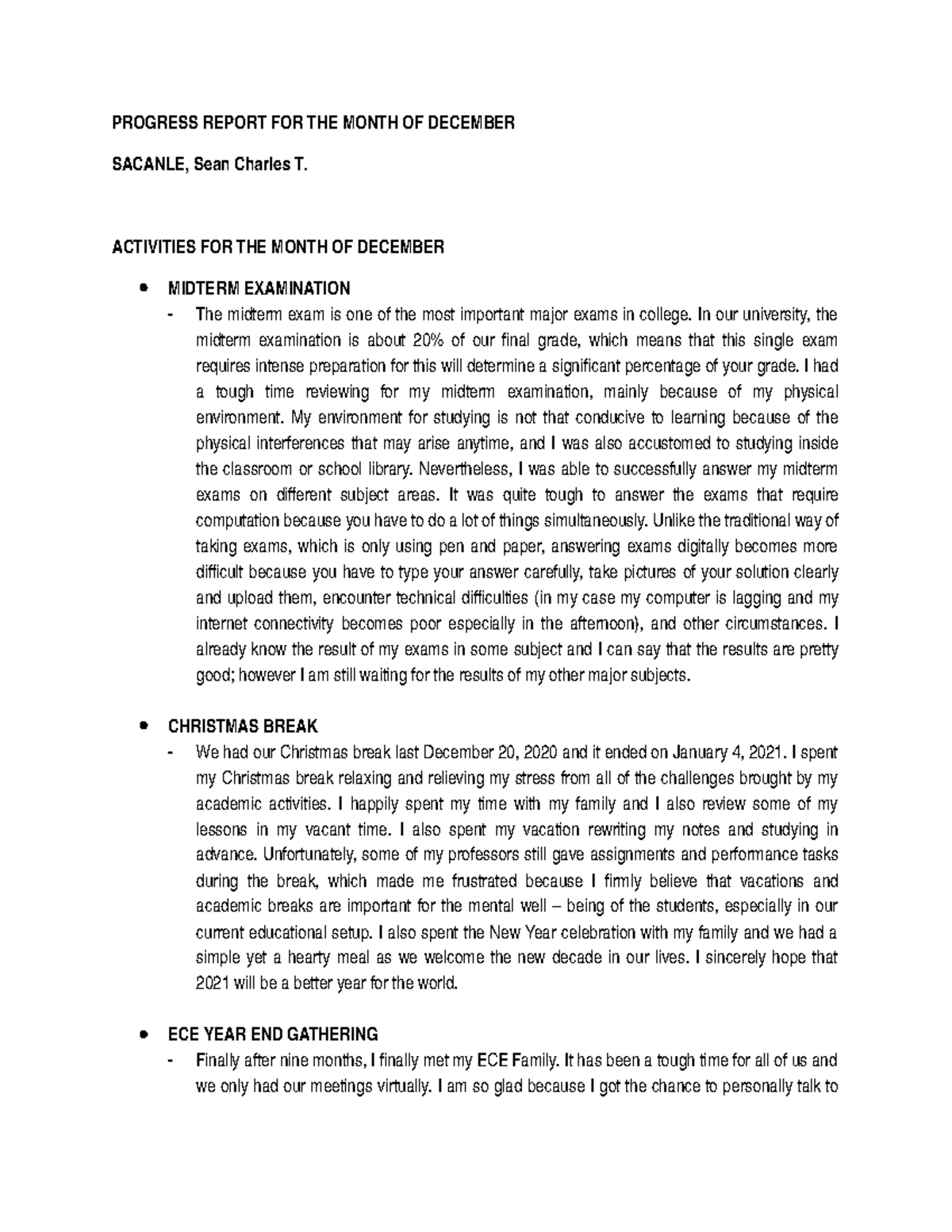 Progress Report FOR THE Month OF December - PROGRESS REPORT FOR THE ...