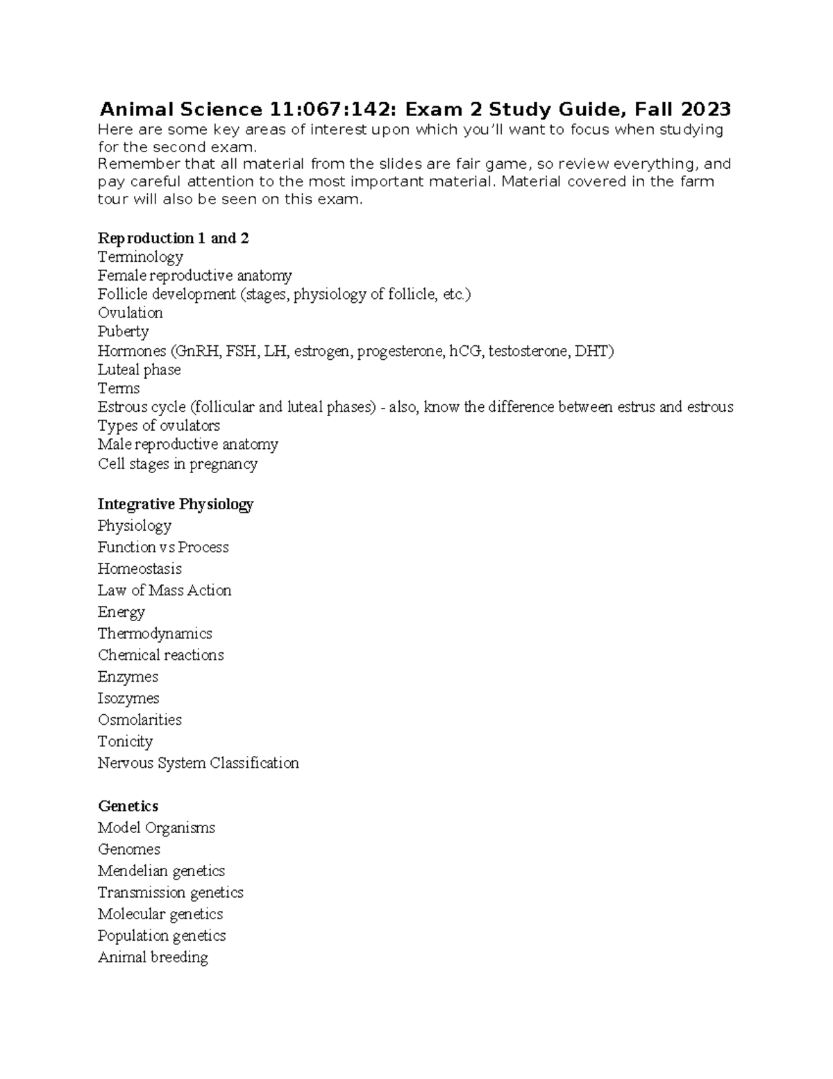 2023 Fall Study Guide Exam 2 - Animal Science 11:067:142: Exam 2 Study Guide, Fall 2023 Here are ...