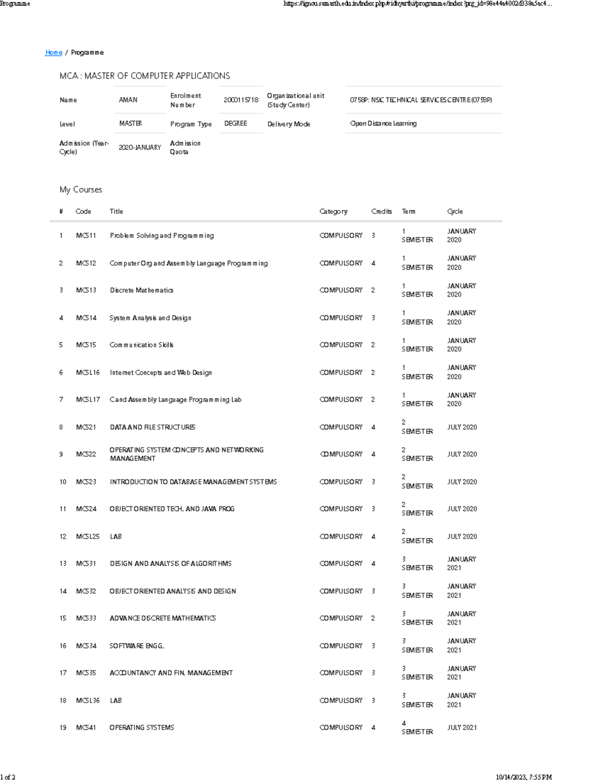 Programme - Home / Programme MCA : MASTER OF COMPUTER APPLICATIONS Name ...