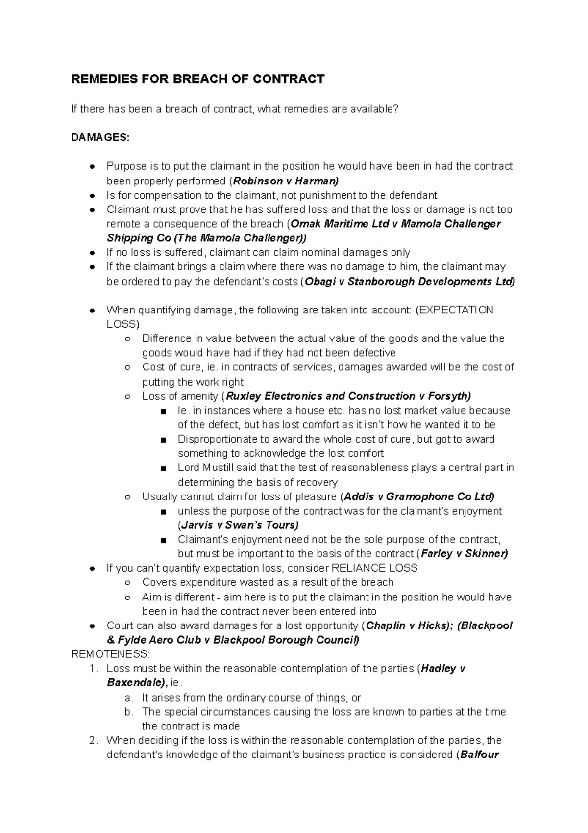 Remedies for Breach of Contract - REMEDIES FOR BREACH OF CONTRACT If ...