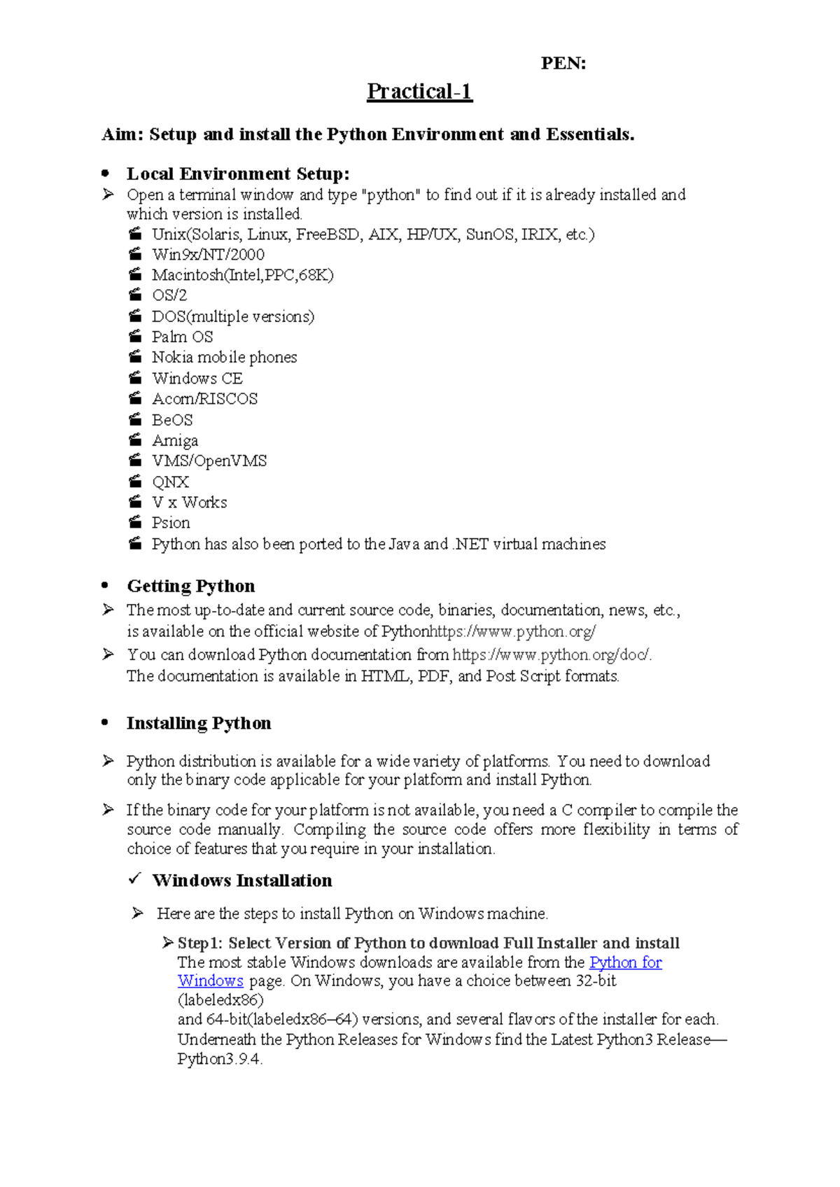 Practical 1 - Practical- Aim: Setup and install the Python Environment ...