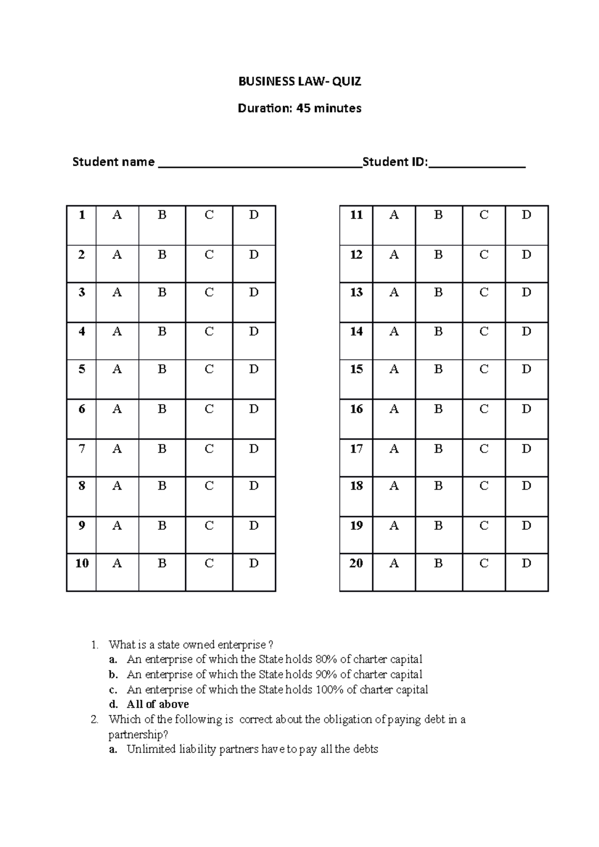 Mock Quiz 1(1) - Quiz - BUSINESS LAW- QUIZ Duration: 45 minutes Student ...