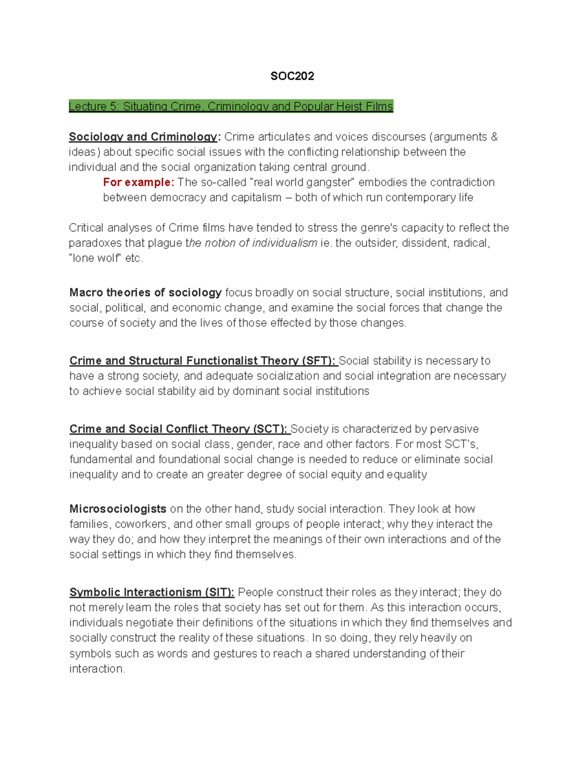 SOC202 Lecture 5 - SOC Lecture 5: Situating Crime, Criminology and ...