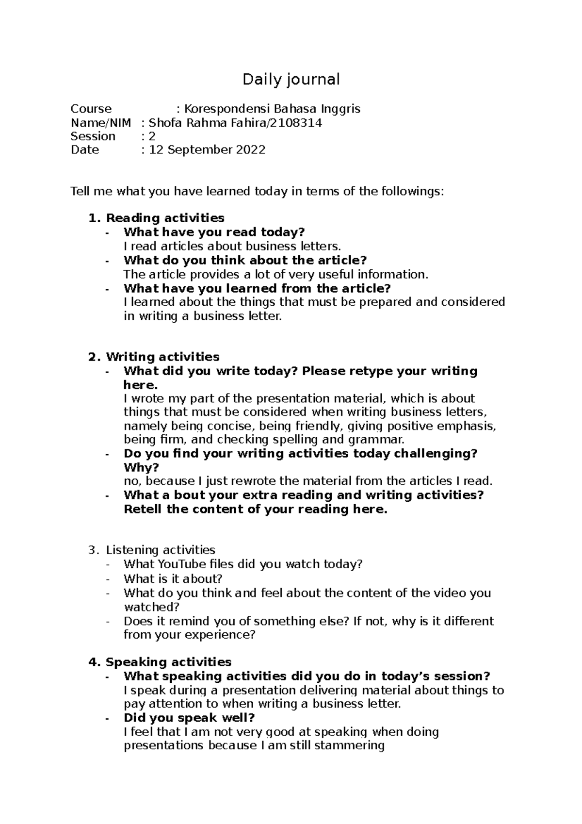 Daily journal at English Course to reflect student's understanding ...