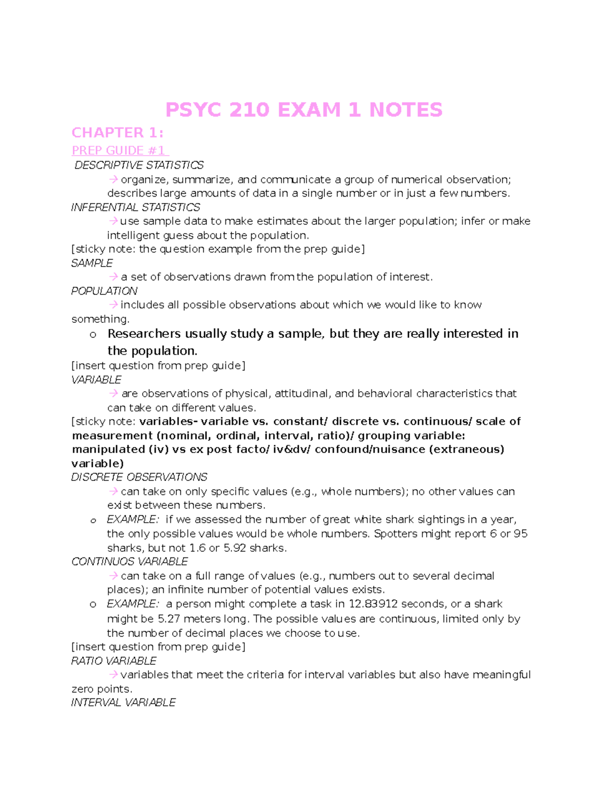 Exam 1 Notes- PSYC 210 - PSYC 210 EXAM 1 NOTES CHAPTER 1: PREP GUIDE ...
