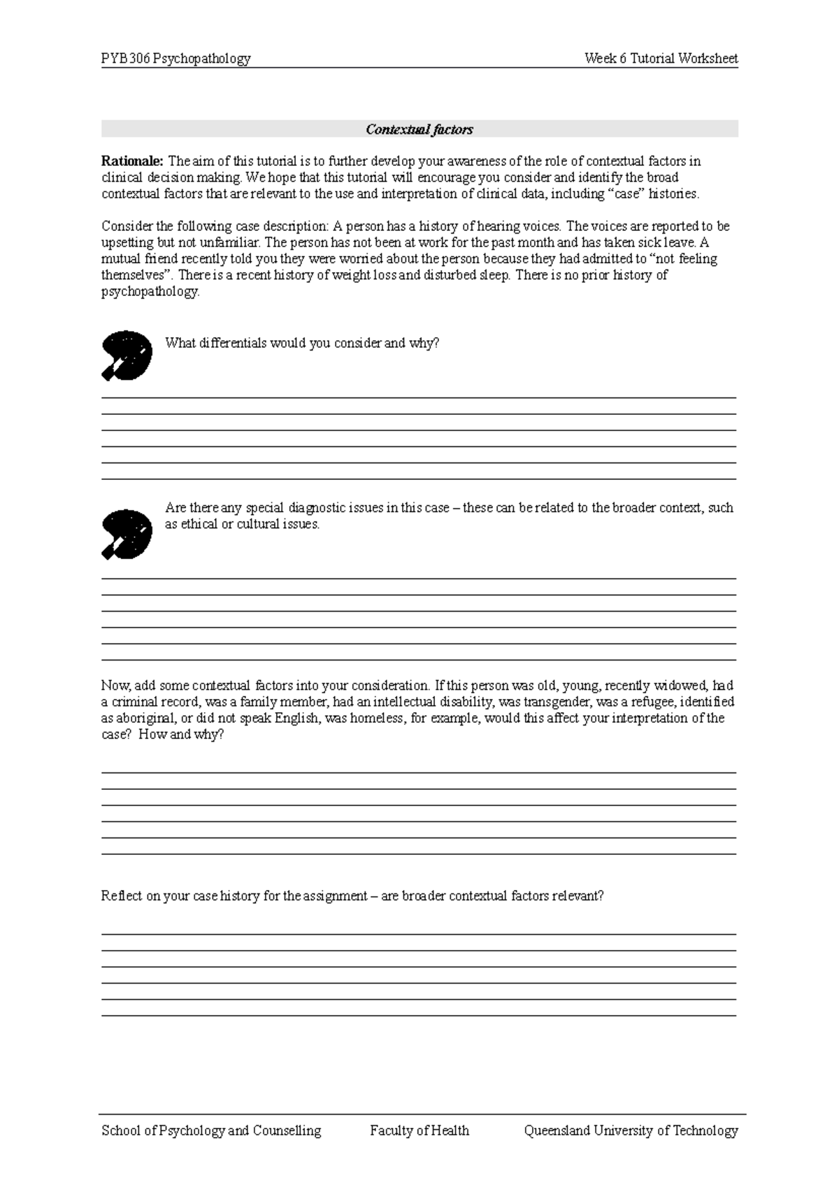 Week 6 Tutorial worksheet - PYB306 Psychopathology Week 6 Tutorial ...