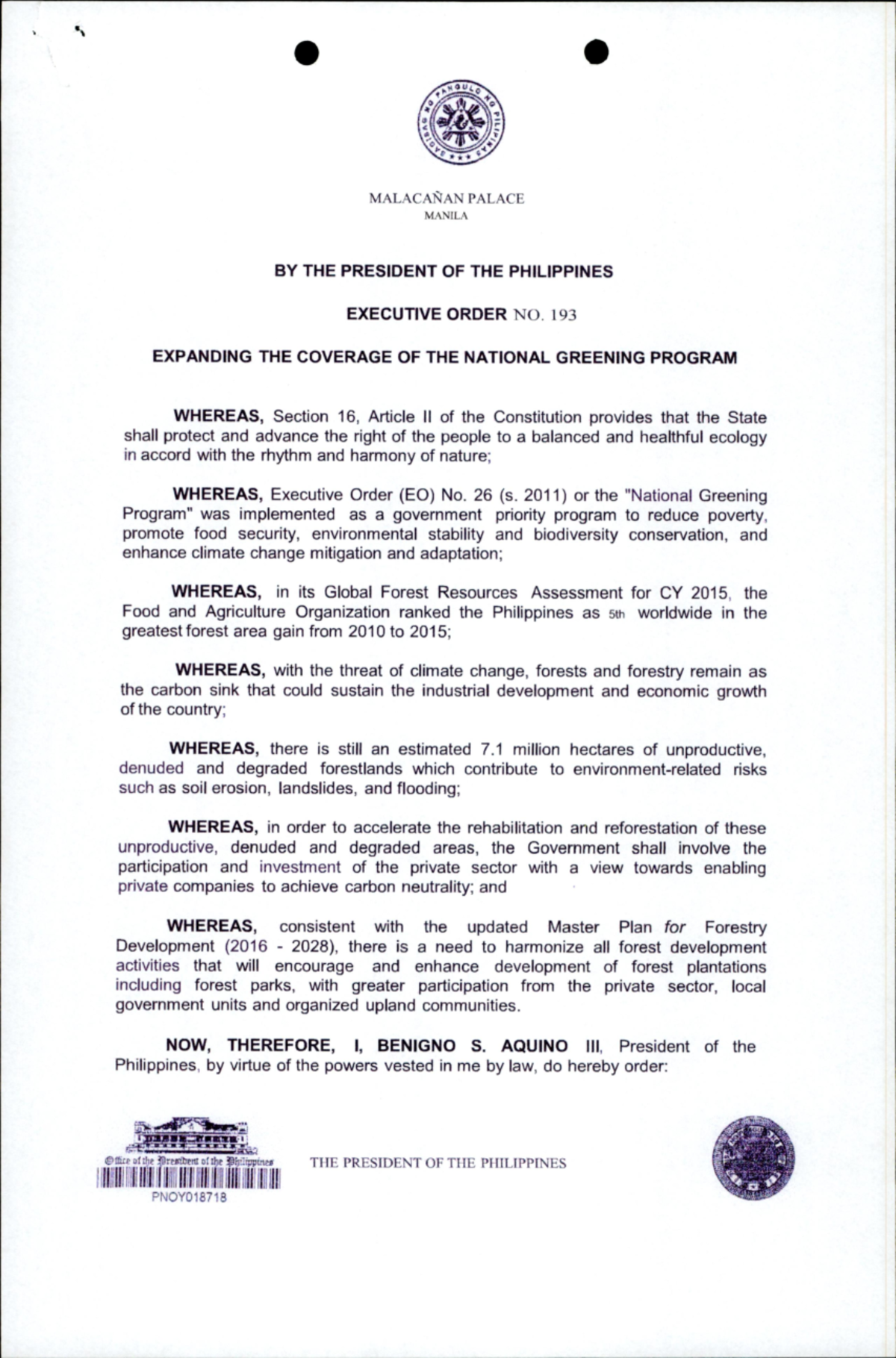 E.O 193 expanding the coverage of the national greening program ...