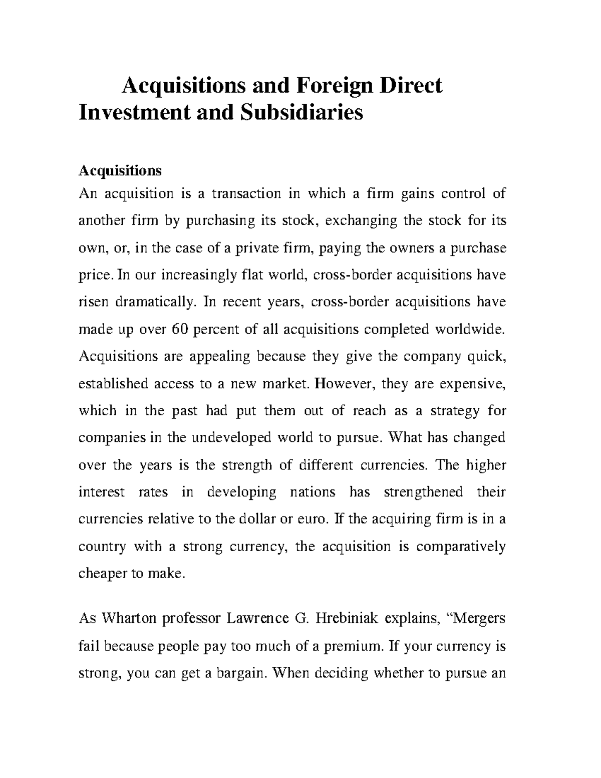 Acquisitions and Foreign Direct Investment and Subsidiaries ...