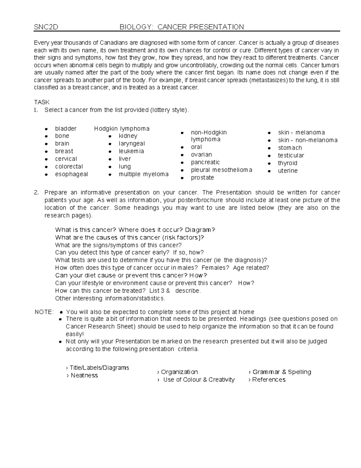 Cancer Presentation project - SNC2D BIOLOGY: CANCER PRESENTATION Every ...
