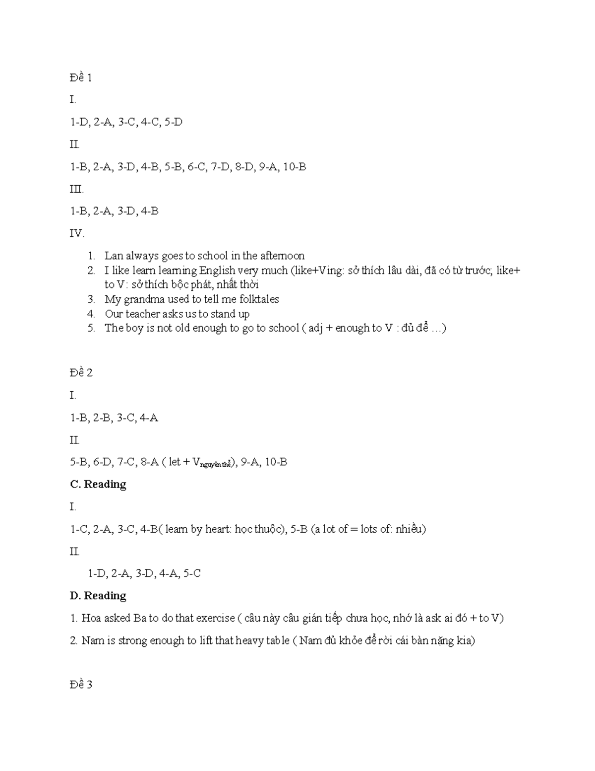 Đáp án - abc - Đề 1 I. 1-D, 2-A, 3-C, 4-C, 5-D II. 1-B, 2-A, 3-D, 4-B ...