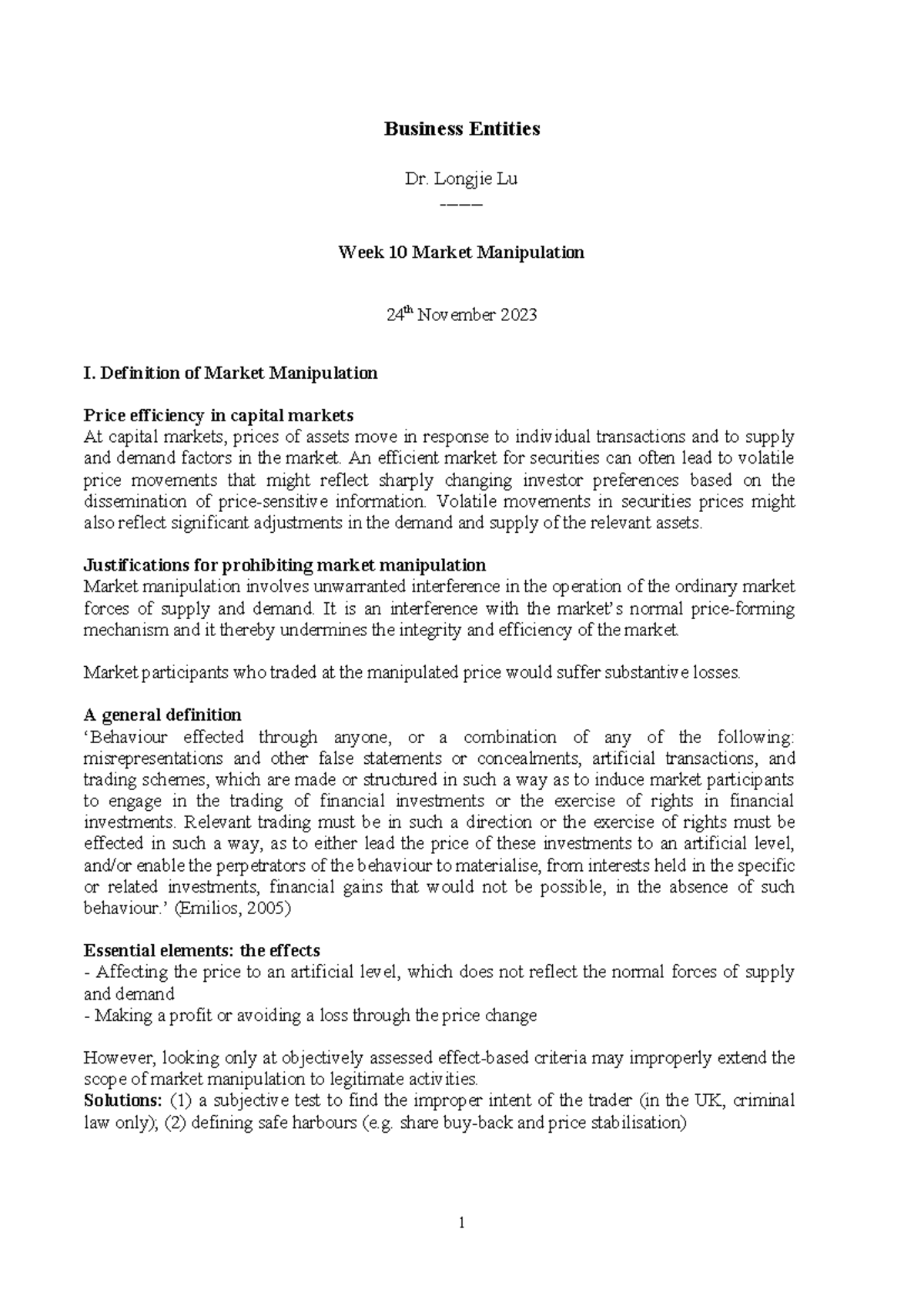 Market manipulation - notes - Business Entities Dr. Longjie Lu - Week ...