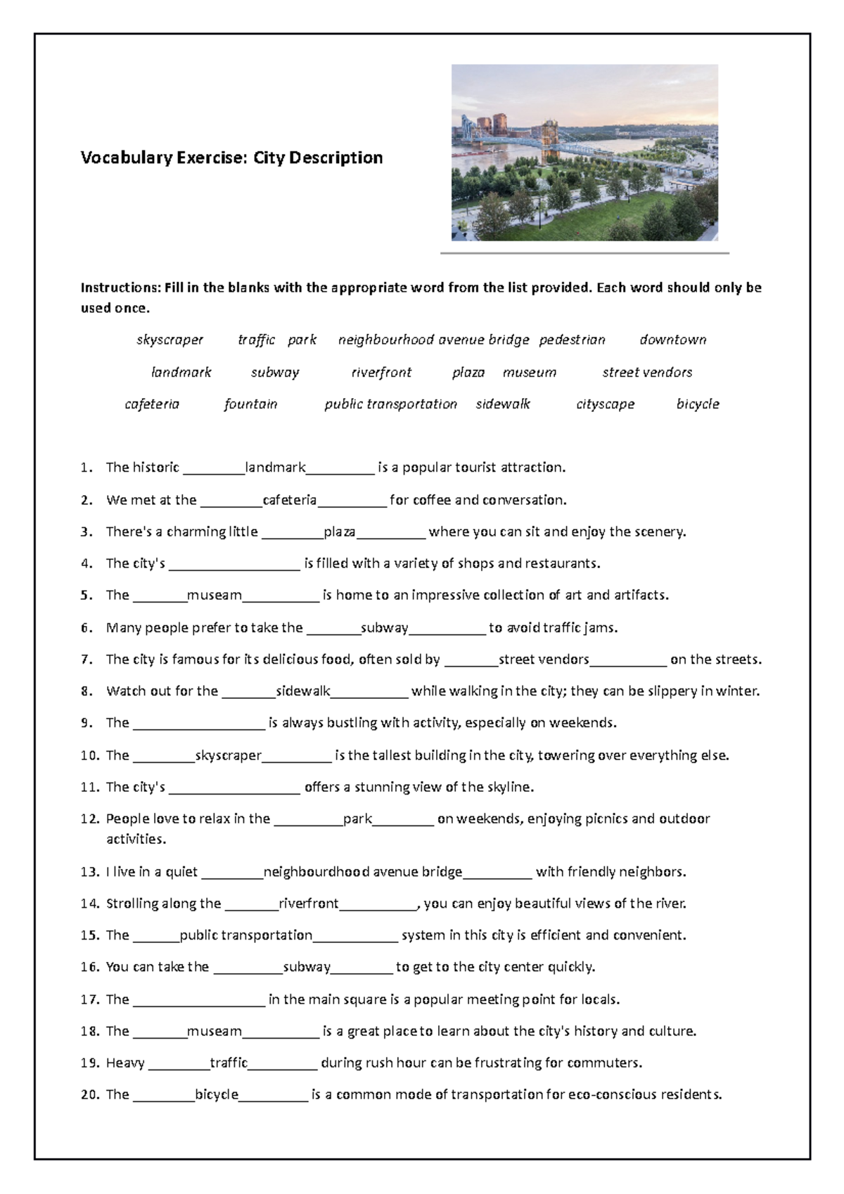 Cities vocabulary exercise - Vocabulary Exercise: City Description ...