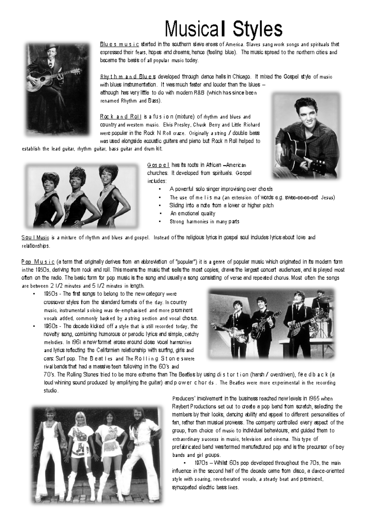 Musical Styles Info and Worksheet - Musica l Style s B lu e s m u s i c ...