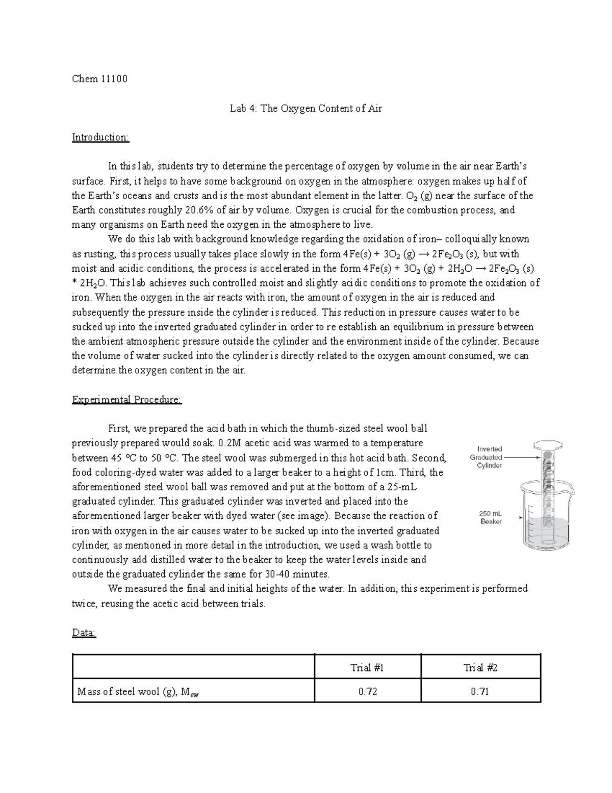 Lab 4 The Oxygen Content of Air - Chem 11100 Lab 4: The Oxygen Content ...