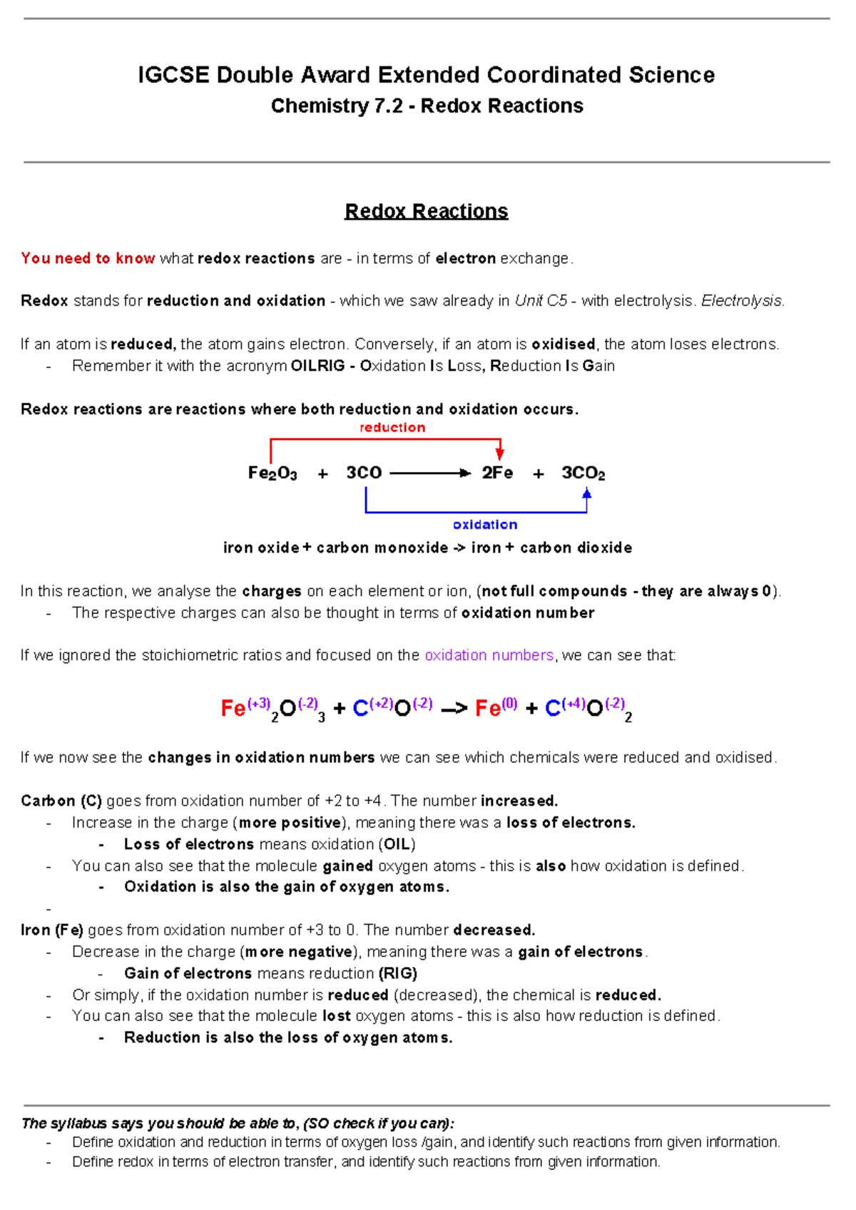 C7 2 redox reactions - hi do great - IGCSE Double Award Extended ...