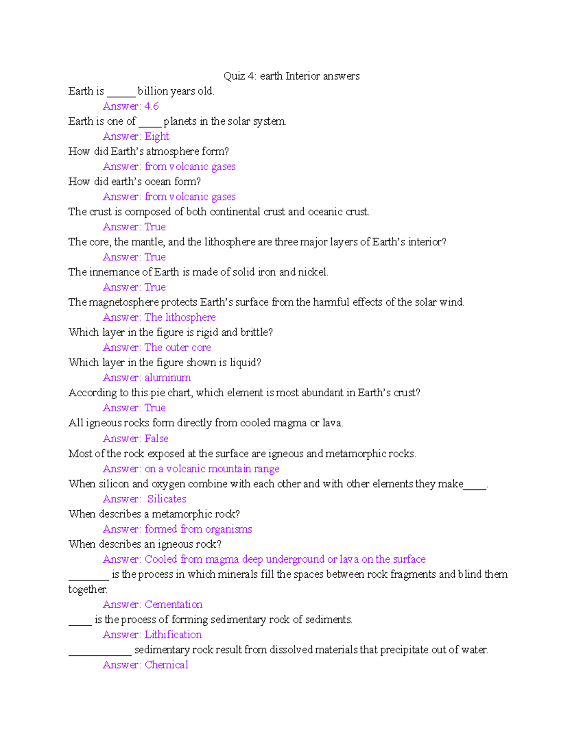 Quiz 4 earth Interior answers - Quiz 4: earth Interior answers Earth is ...