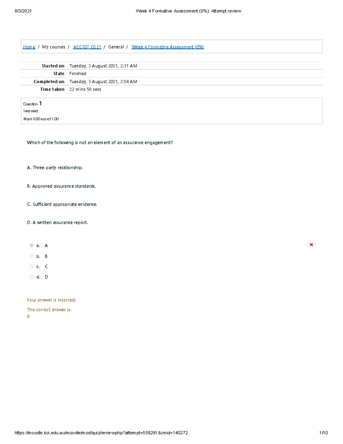 Week 4 Formative Assessment (0%) Attempt review - Home/My courses/ ACC707_0221/General/ Week 4 ...
