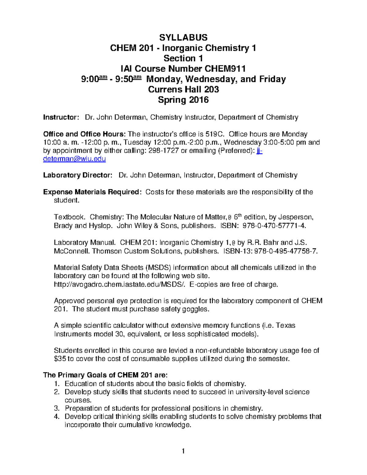 Chem201Syllabus s16-1 - SYLLABUS CHEM 201 - Inorganic Chemistry 1 ...