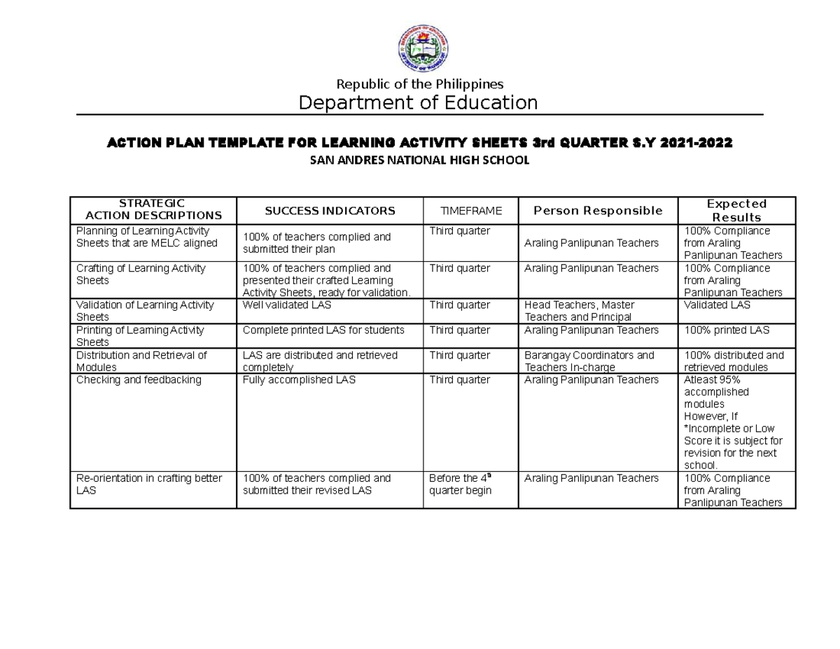 Action-Plan- Inset - Action plan for Araling Panlipunan - Republic of ...