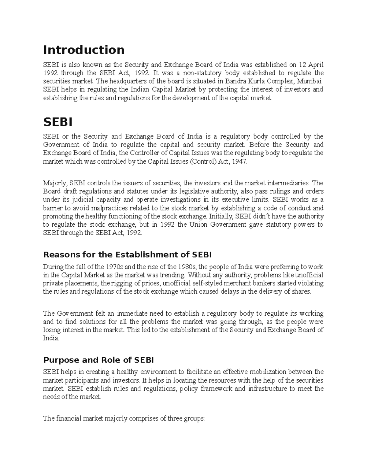 Share SEBI - SEBI - Introduction SEBI is also known as the Security and ...