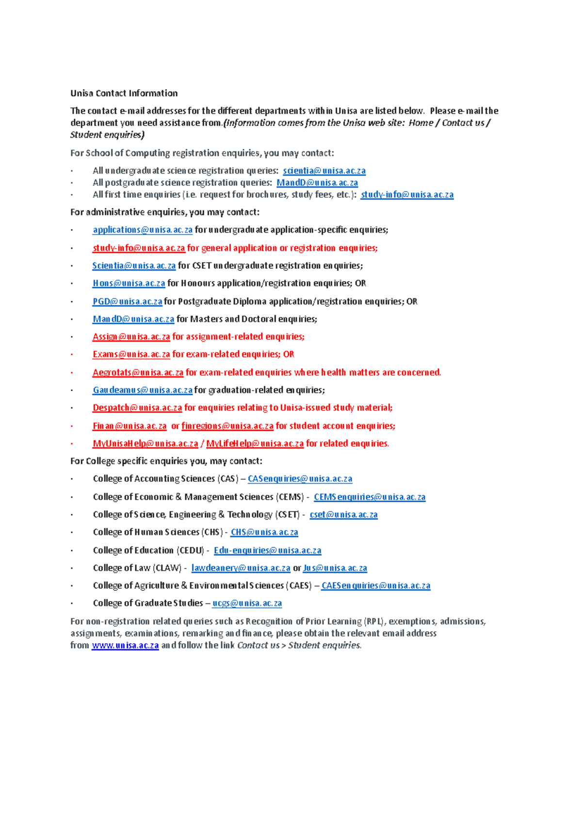 Unisa Contact Information - Please e-mail the department you need ...