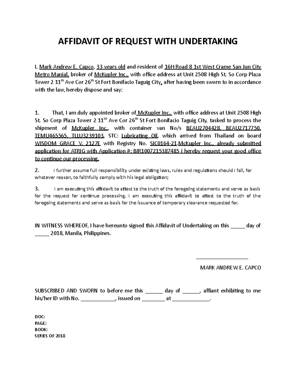 Affidavit OF Undertaking ( Request) - AFFIDAVIT OF REQUEST WITH ...