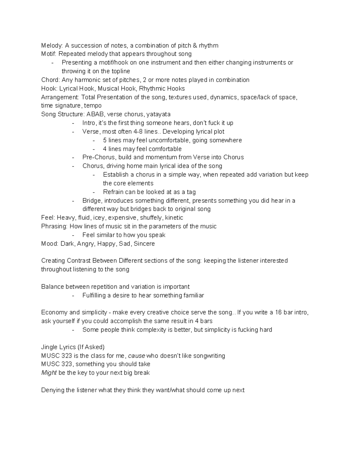 Songwriting - Lecture notes 1-20 - Melody: A succession of notes, a ...