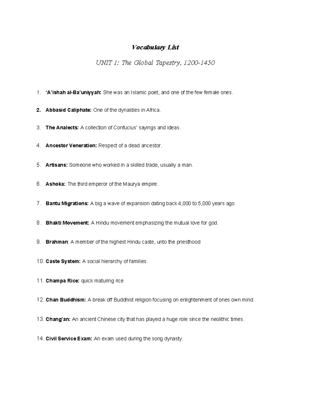 Unit 1 Vocab List -Editable - Vocabulary List UNIT 1: The Global ...