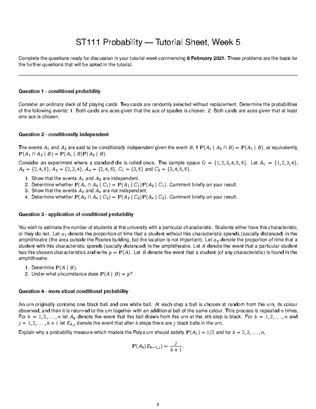ST111 Tutorial Week5 Moodle - ST111 Probability — Tutorial Sheet, Week 5 Complete the questions ...