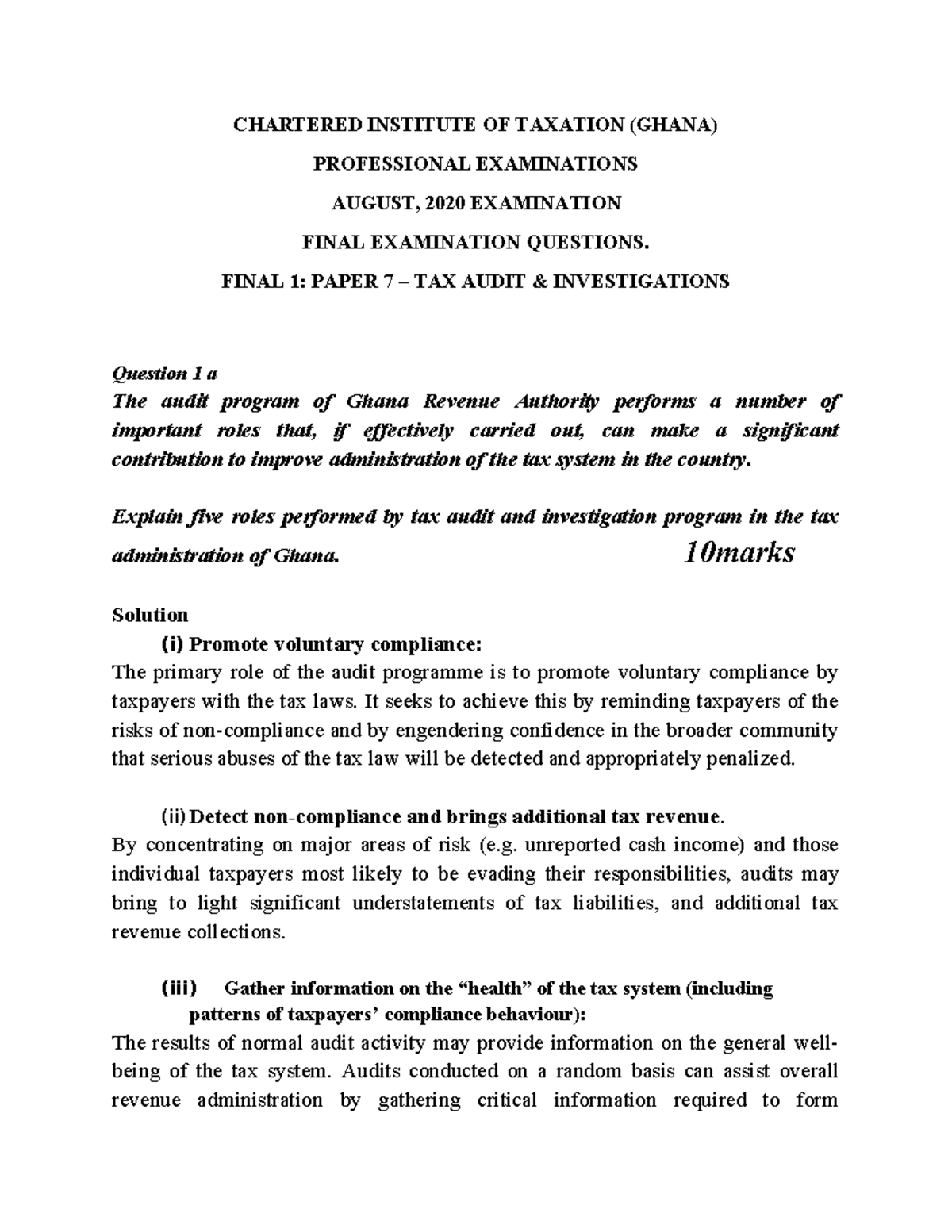 Paper 7 Tax Audit Investigation August 2020 Questions and Answers ...