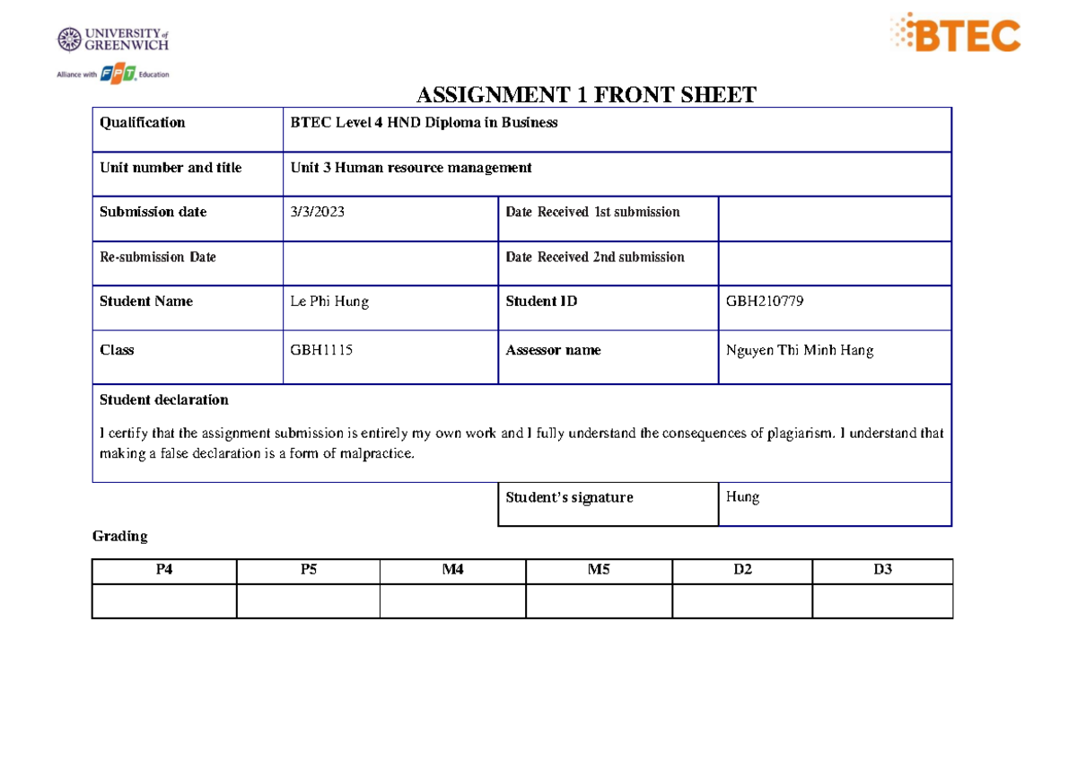 5035ams2hung - passss thuiii - ASSIGNMENT 1 FRONT SHEET Qualification BTEC Level 4 HND Diploma ...
