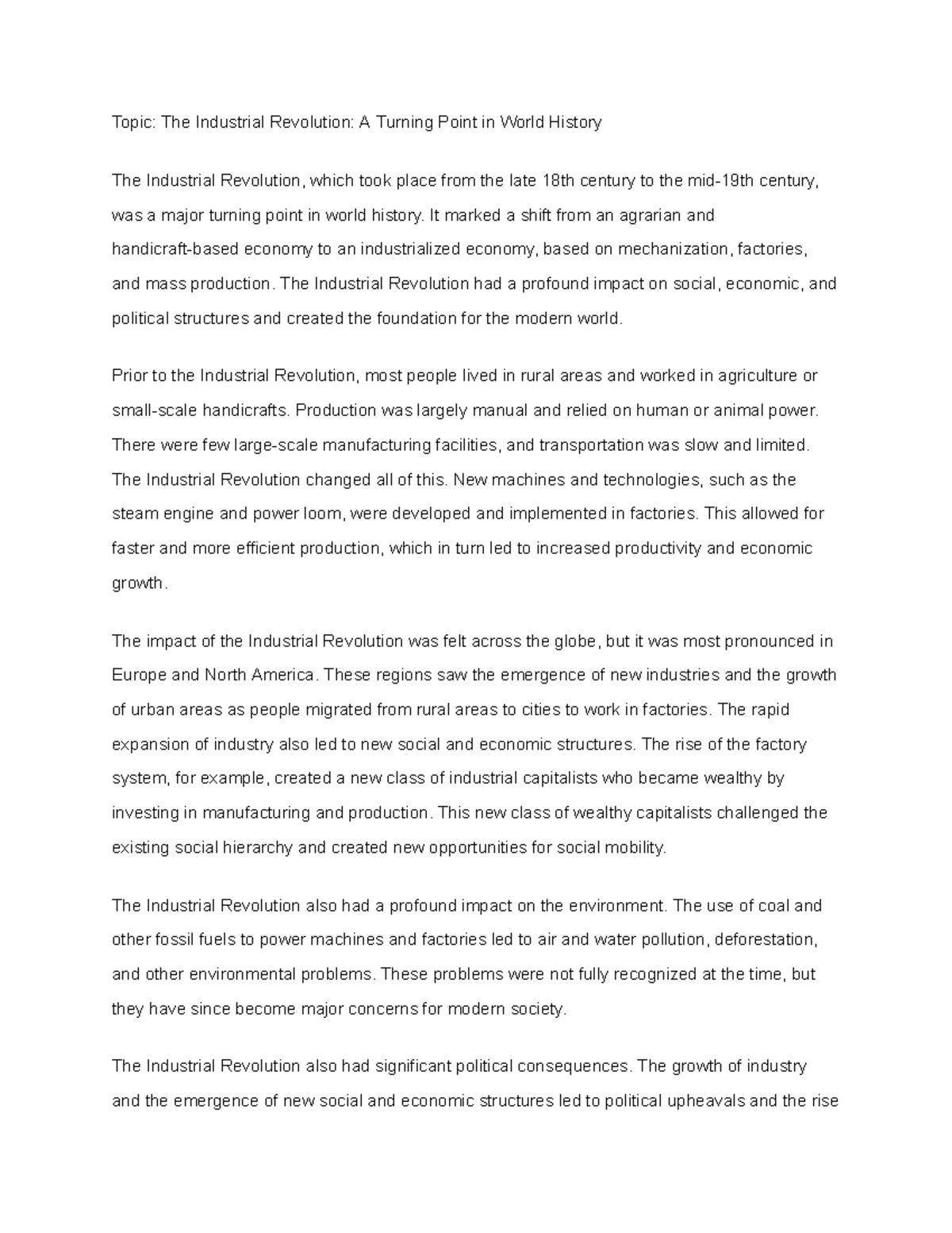 Topic The Industrial Revolution A Turning Point in World History - It ...