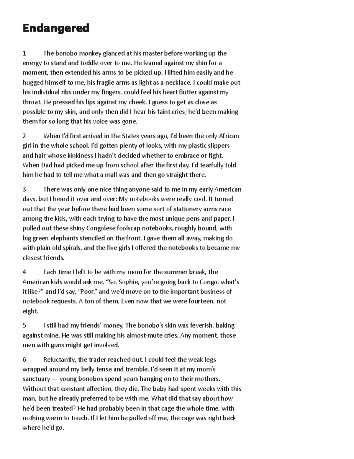 L1 L2 Interencing - Model Text Endangered Excerpt - Endangered 1 The bonobo monkey glanced at ...