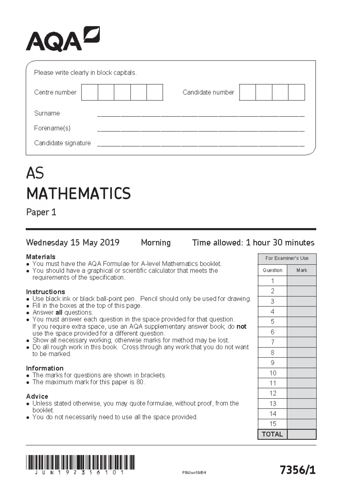 May 19 AS Maths Paper 1 - PB/Jun19/E4 7356/ (JUN197356101) AS ...