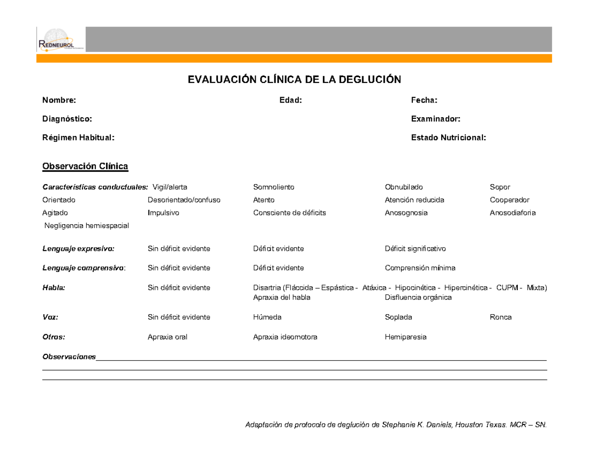 Protocolo Deglucion clinico - EVALUACIÓN CLÍNICA DE LA DEGLUCIÓN Nombre: Edad: Fecha ...