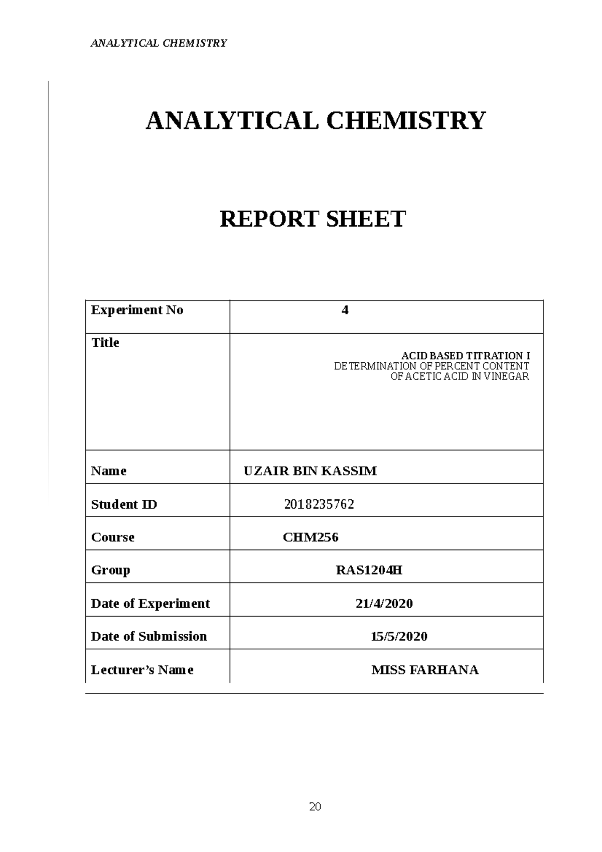 References - ANALYTICAL CHEMISTRY REPORT SHEET Experiment No 4 Title ...